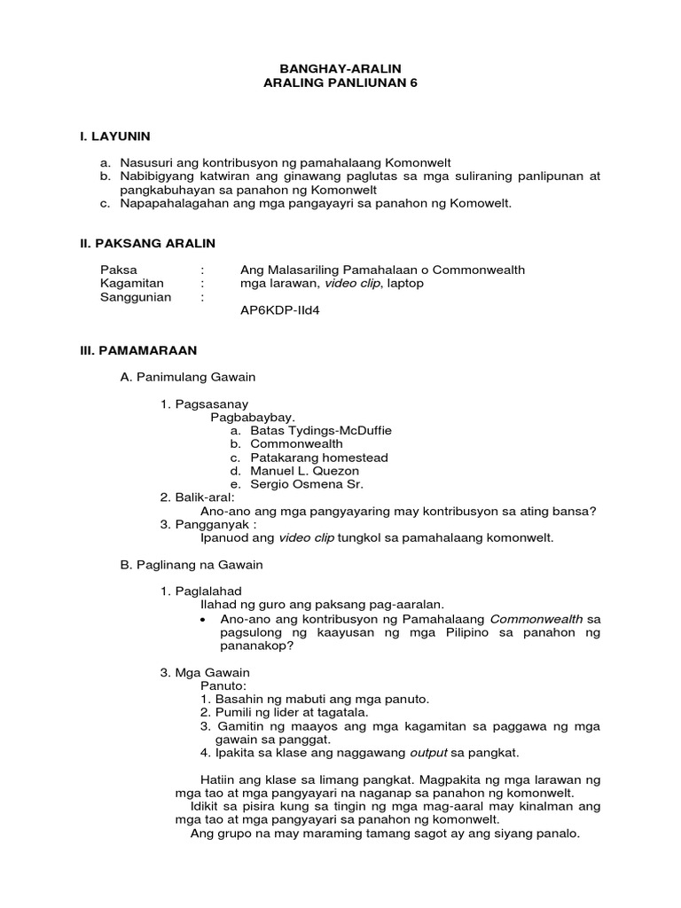 BANGHAY Aralin AP6 Central | PDF