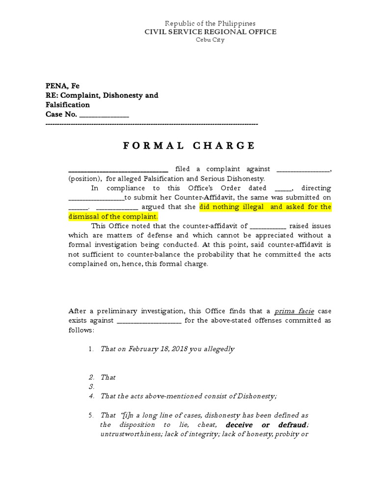 Sample Formal Charge | PDF | Complaint | Legal Procedure