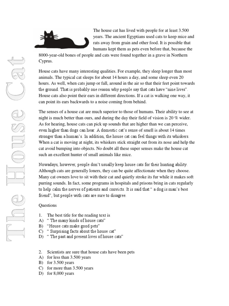 The House Cat Direct Method Activities Reading Comprehension Exe 112330 ...