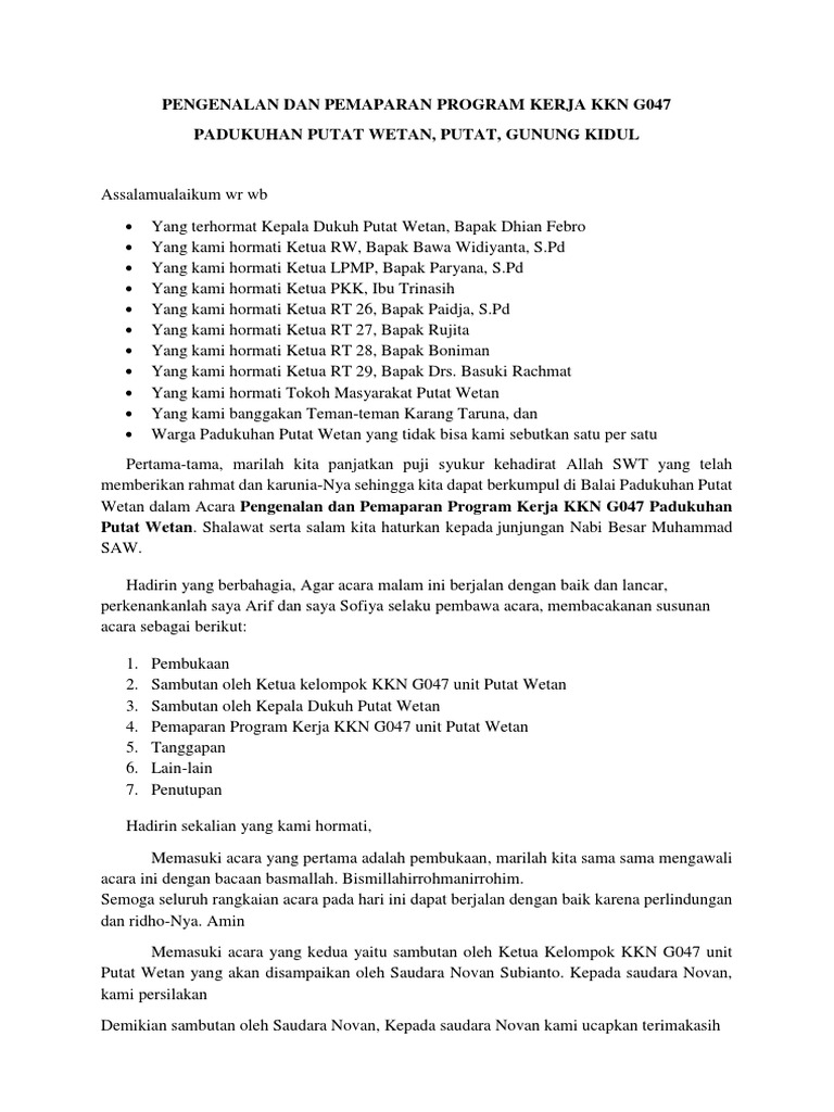 Pengenalan Dan Pemaparan Program Kerja KKN g047 | PDF