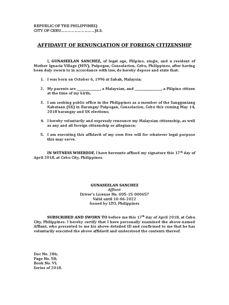 Affidavit of Renunciation of Foreign Citizenship - Gunaseelan Sanchez | PDF Affidavit of Renunciation of Foreign Citizenship - Gunaseelan Sanchez | PDF