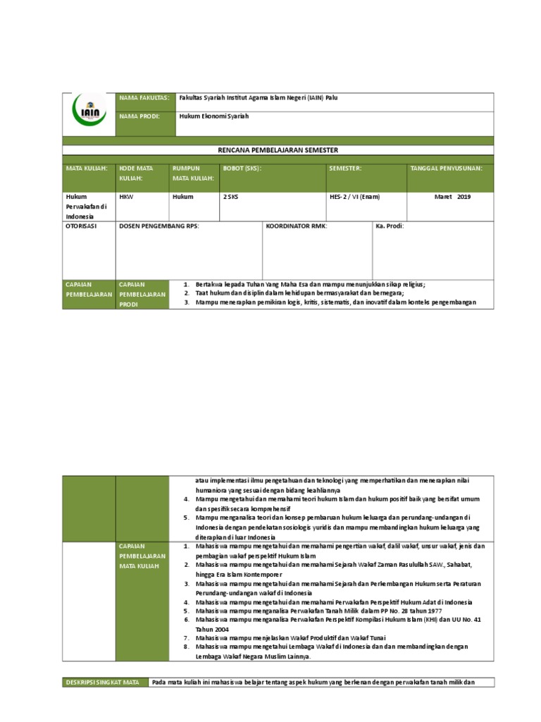 Contoh Rps Hukum Perwakafan | PDF