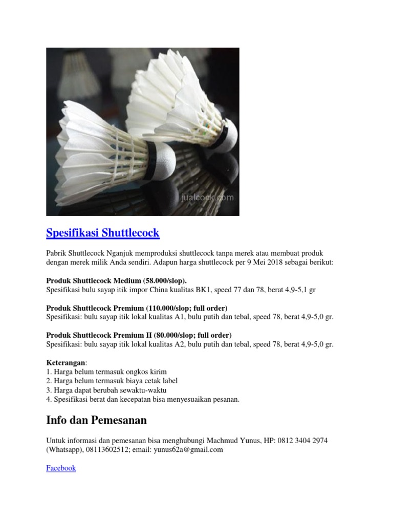 Spesifikasi dan Harga Shuttlecock Nganjuk | PDF