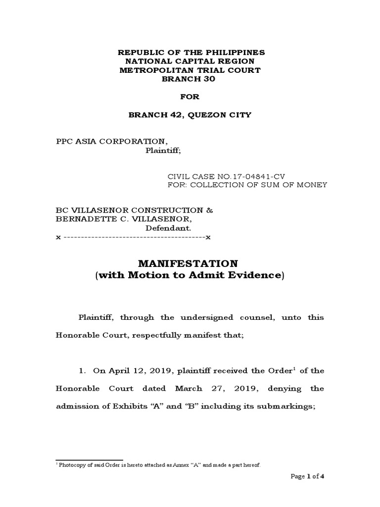 Motion to Admit Evidence in Court | PDF | Legal Procedure | Justice