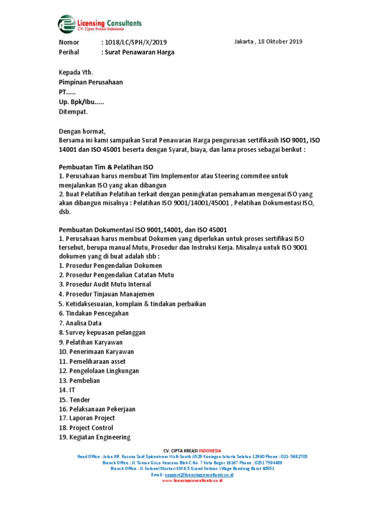 Surat Penawaran Harga Sertifikat Iso PDF | PDF