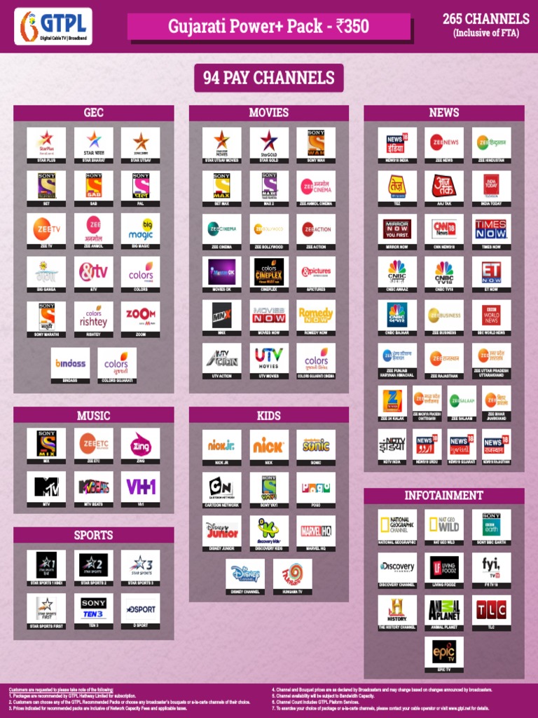 GTPL Cable TV Plans and Channel List | PDF | Pay Television | Television