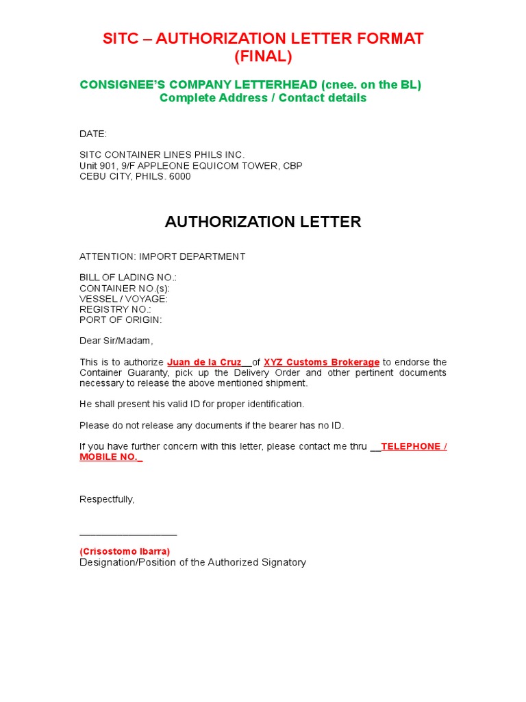 SITC - AUTHORIZATION LETTER FORMAT (Final) | PDF