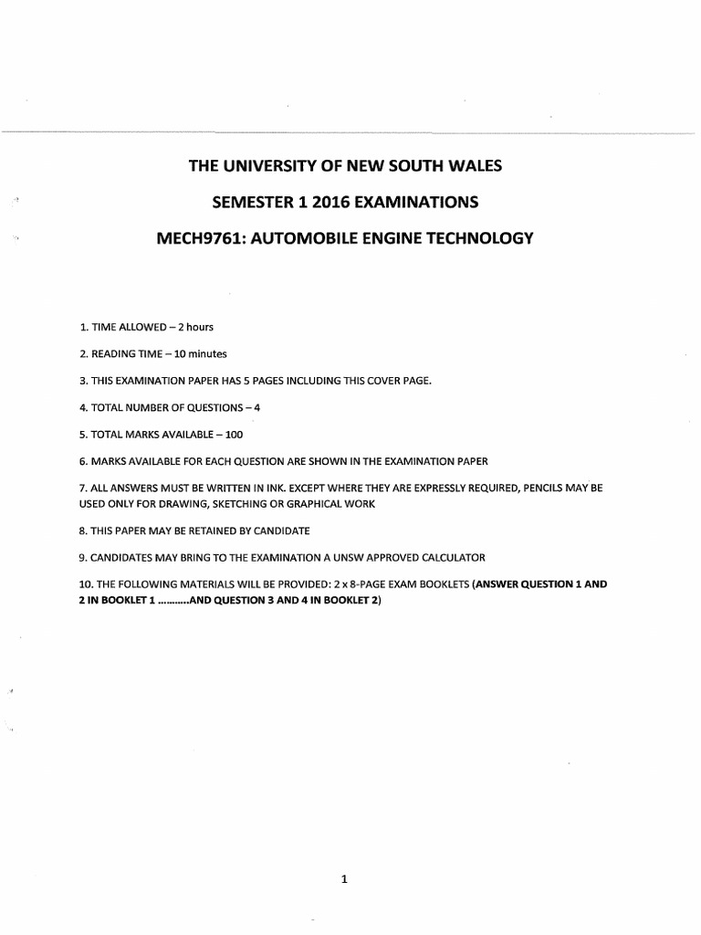 UNSW MECH9650 Sem 2 2016 Past Papter | PDF | Gasoline | Fuel Efficiency
