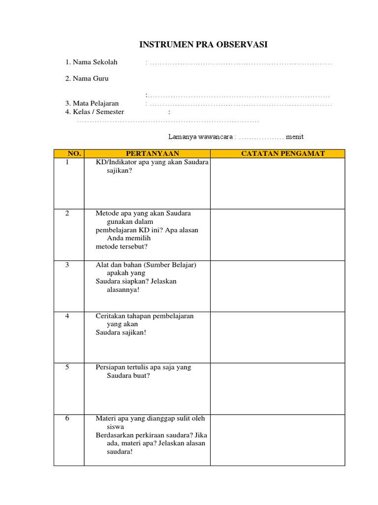 Instrumen Pra Observasi | PDF