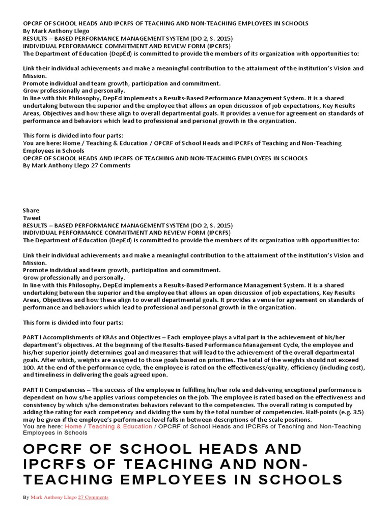Opcrf of School Heads and Ipcrfs of Teaching and Non | Goal ...
