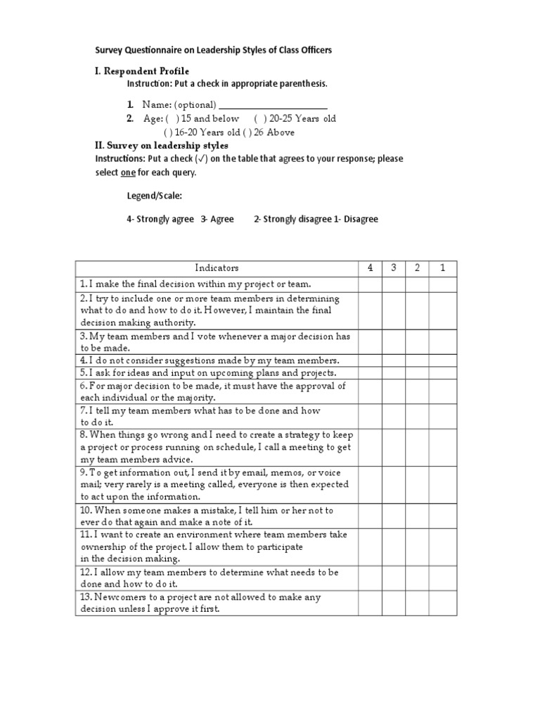 Survey Questionnaire On Leadership Styles of Class Officers | PDF ...