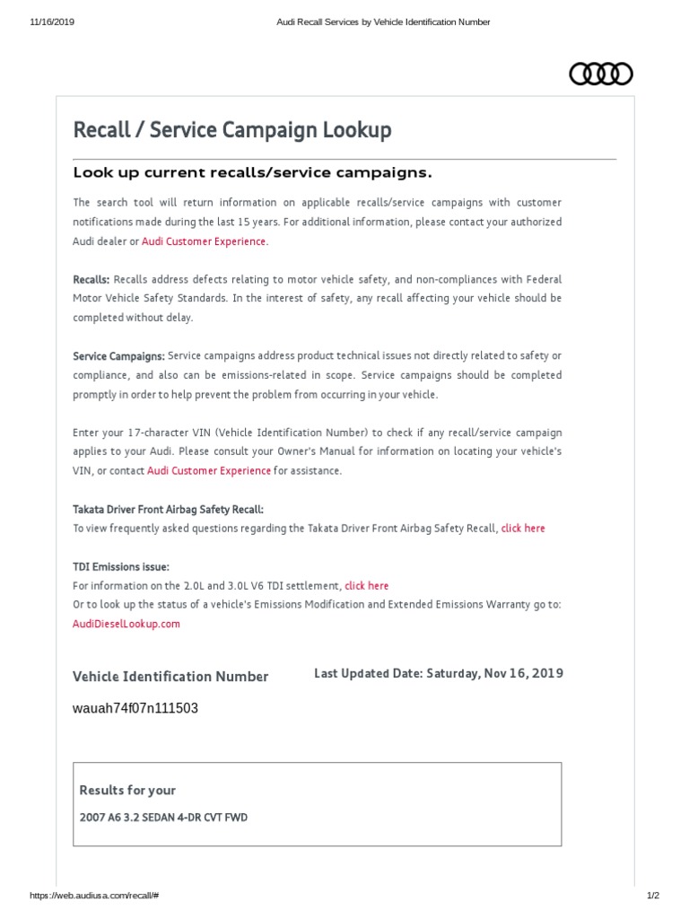 Audi Recall Services by Vehicle Identification Number | PDF | Takata ...