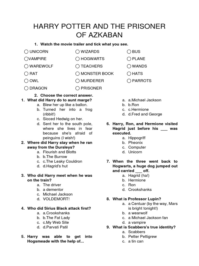 Harry Potter and The Prisoner of Azkaban Handout | PDF | Fantasy Worlds ...