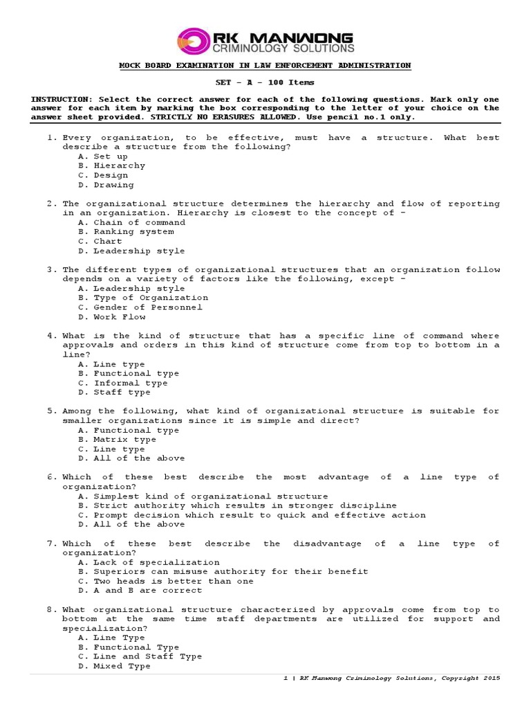 Mock Board in LEA 2019 Set A 1 | PDF | Organizational Structure | Police