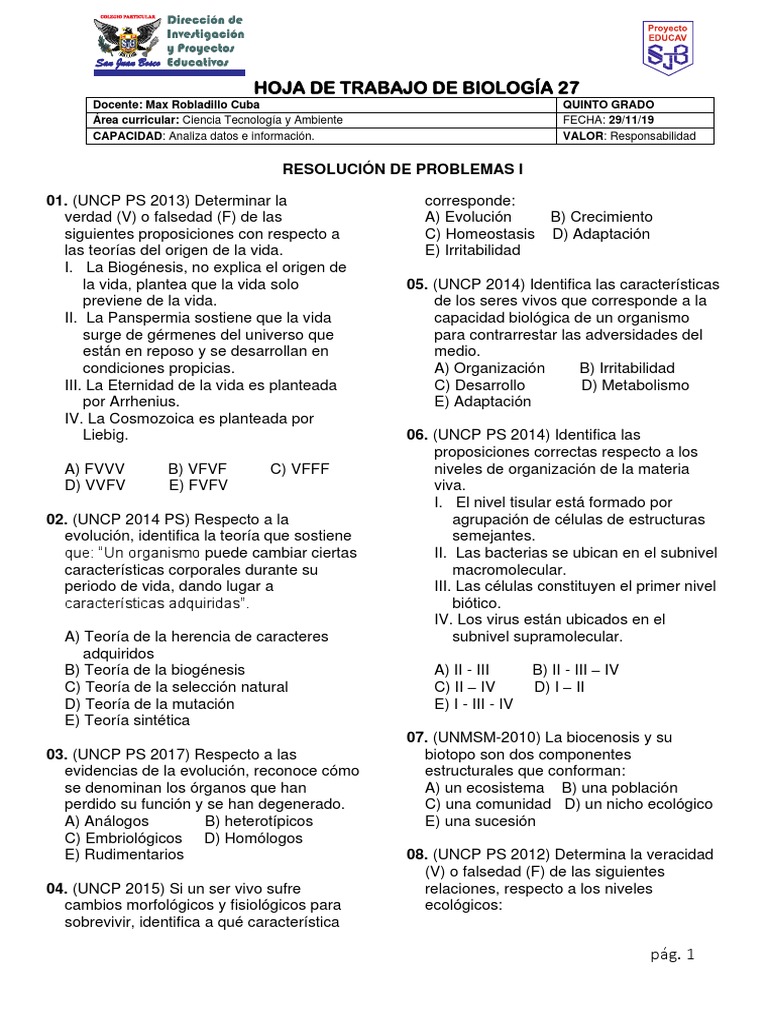 Hoja de Trabajo 27-Biología 5º PDF | PDF | Sangre | Biomoléculas