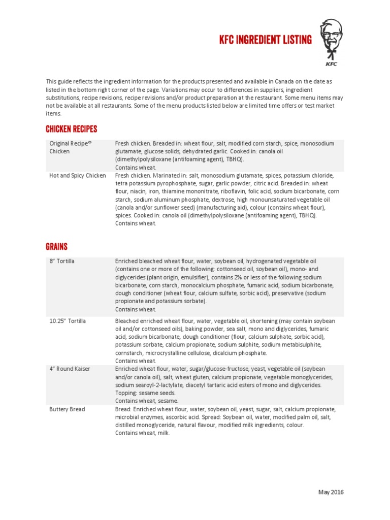 KFC IngredientList Eng | PDF | Food Industry | Food Ingredients