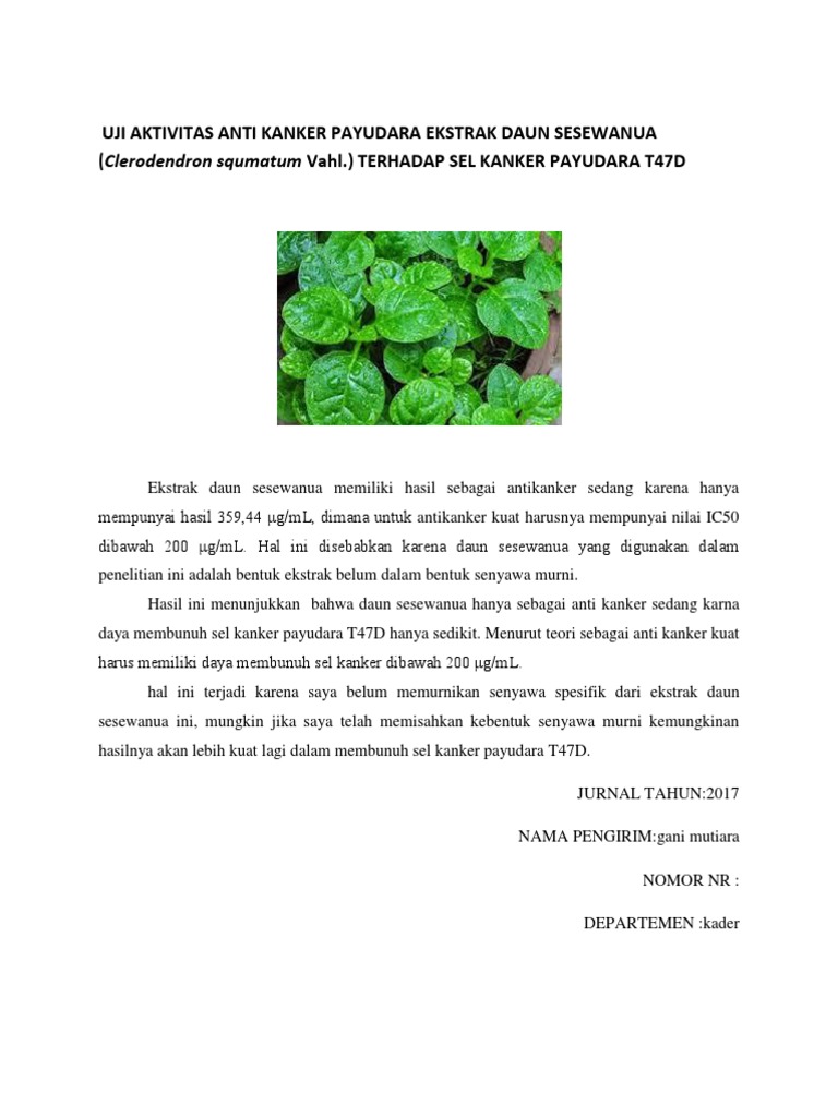 Uji Anti Kanker Daun Sesewanua | PDF | Memasak, Makanan, & Anggur ...