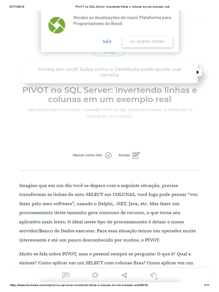 PIVOT No SQL Server - Invertendo Linhas e Colunas em Um Exemplo Real | PDF | Microsoft SQL ...