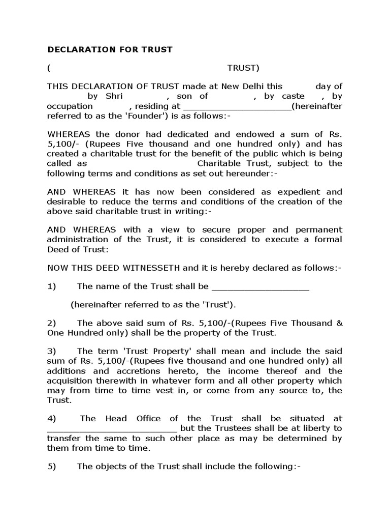 Trust Deed Format in India | PDF | Trust Law | Trustee