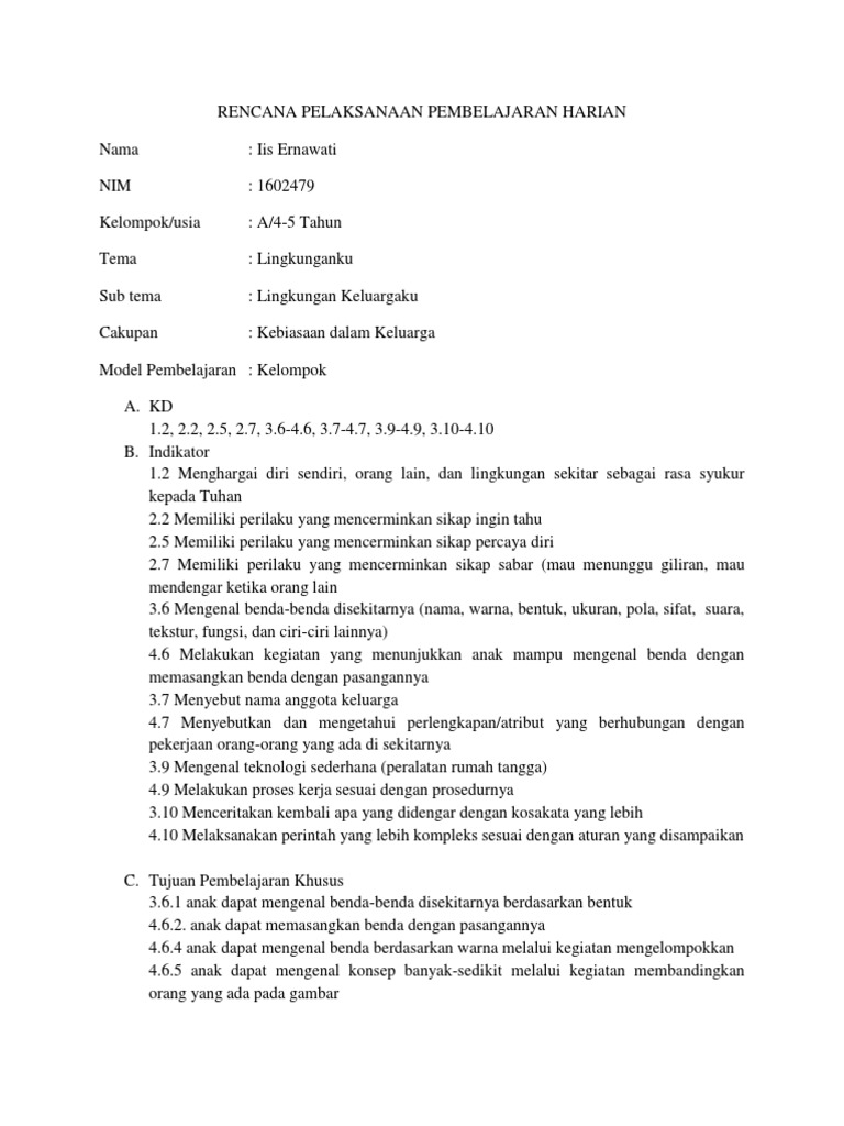 Contoh RPPH Untuk Paud | PDF