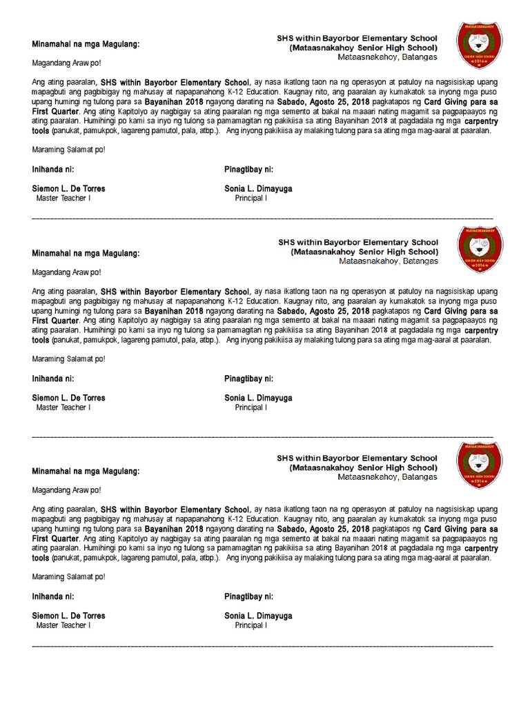 Bayanihan 2018 Letter | PDF