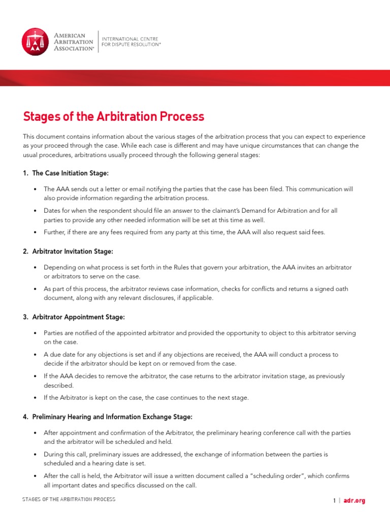 AAA Stages of The Arbitration Process | PDF | Arbitral Tribunal ...