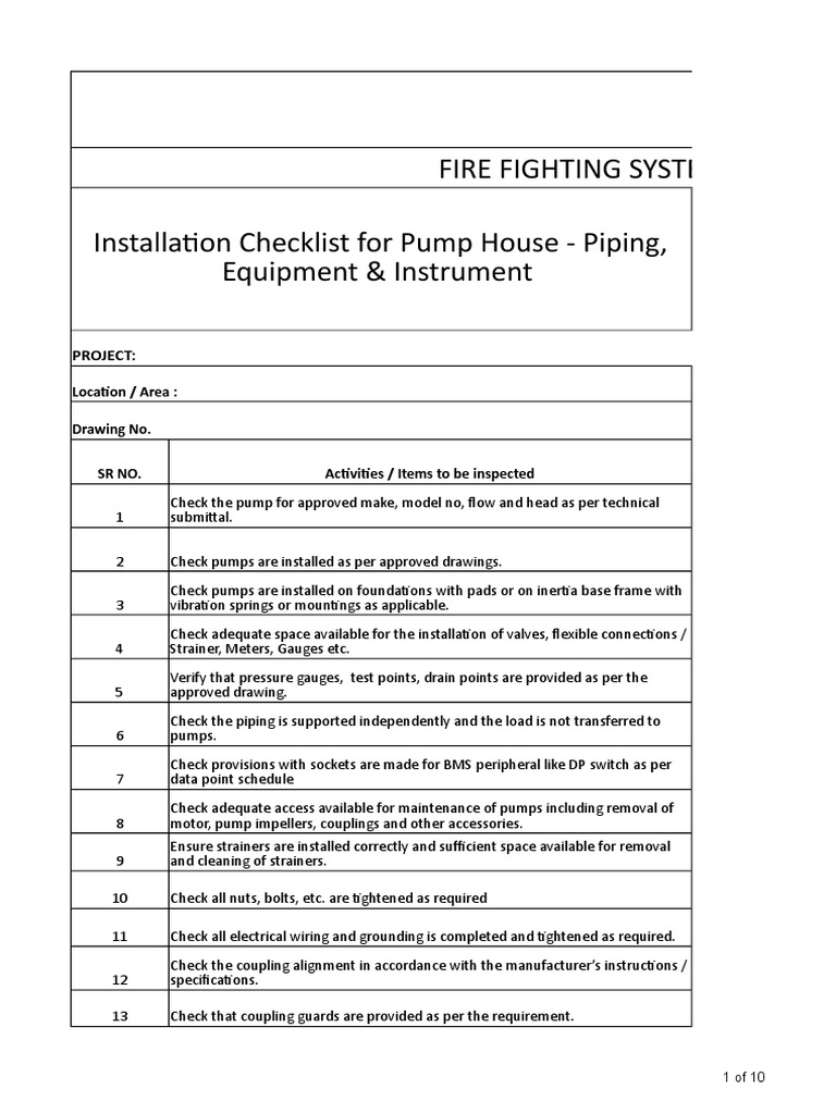 Fire Fighting Checklist | PDF | Pipe (Fluid Conveyance) | Pump