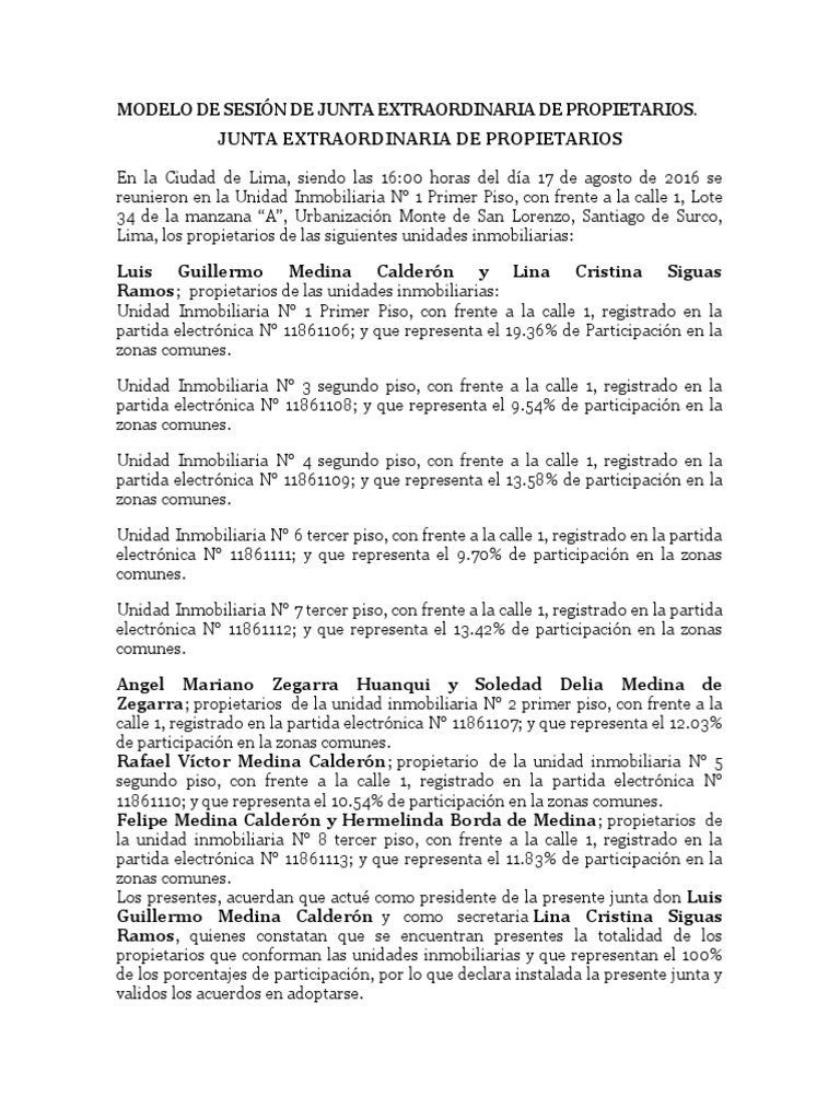 MODELO DE SESIÓN DE JUNTA EXTRAORDINARIA DE JUNTA DE PROPIETARIOS.docx | Gobierno | Política