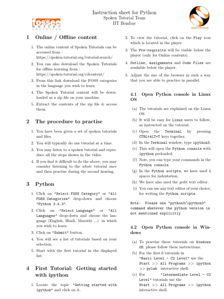 Instruction Sheet for Learning Python Through Spoken Tutorials: A ...