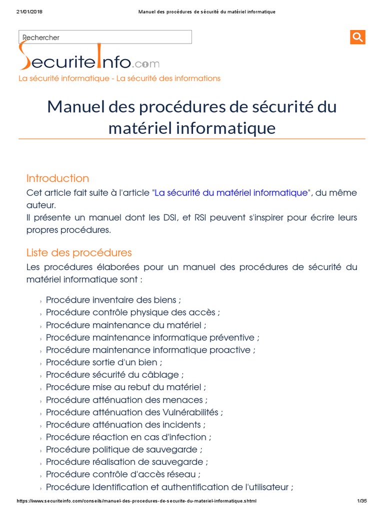 Manuel Des Procédures de Sécurité Du Matériel Informatique | PDF ...