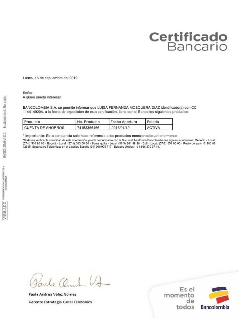 Certificado de Bancolombia Luisa | PDF