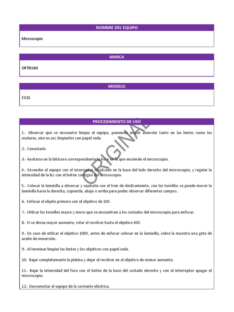 Procedimiento para el uso y mantenimiento del microscopio óptico marca ...