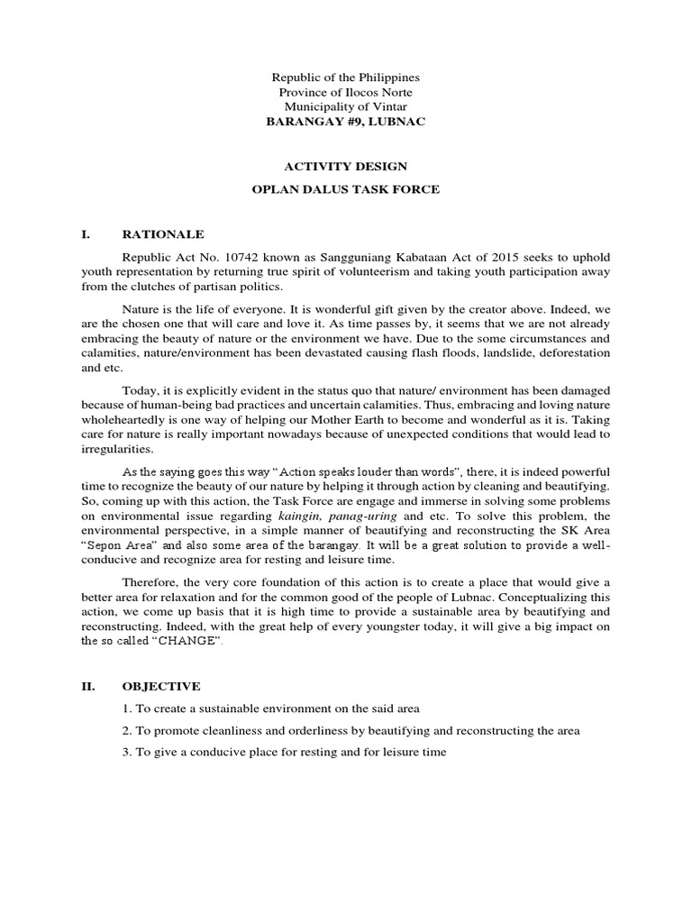 Activity Design (Oplan Dalus Task Force) | PDF