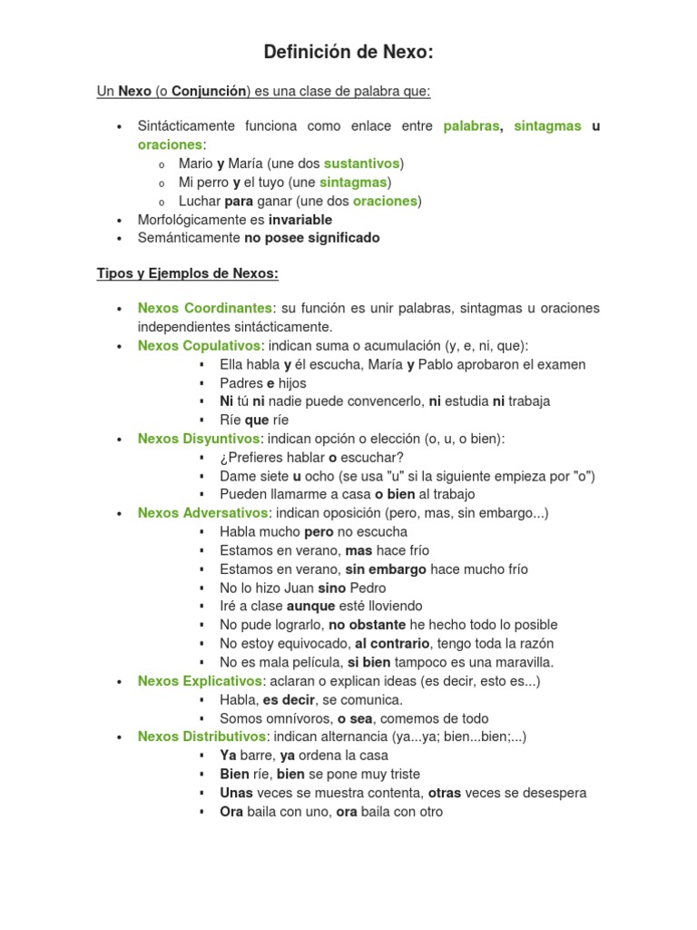 Definición Y Tipos De Nexos Pdf Oración Lingüística Mecánica