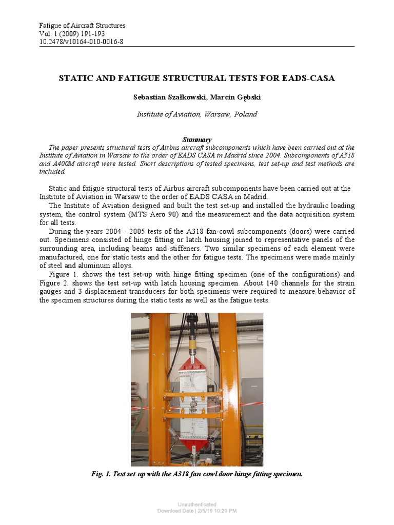 Static and Fatigue Structural Tests For Eads-Casa | PDF | Fatigue ...