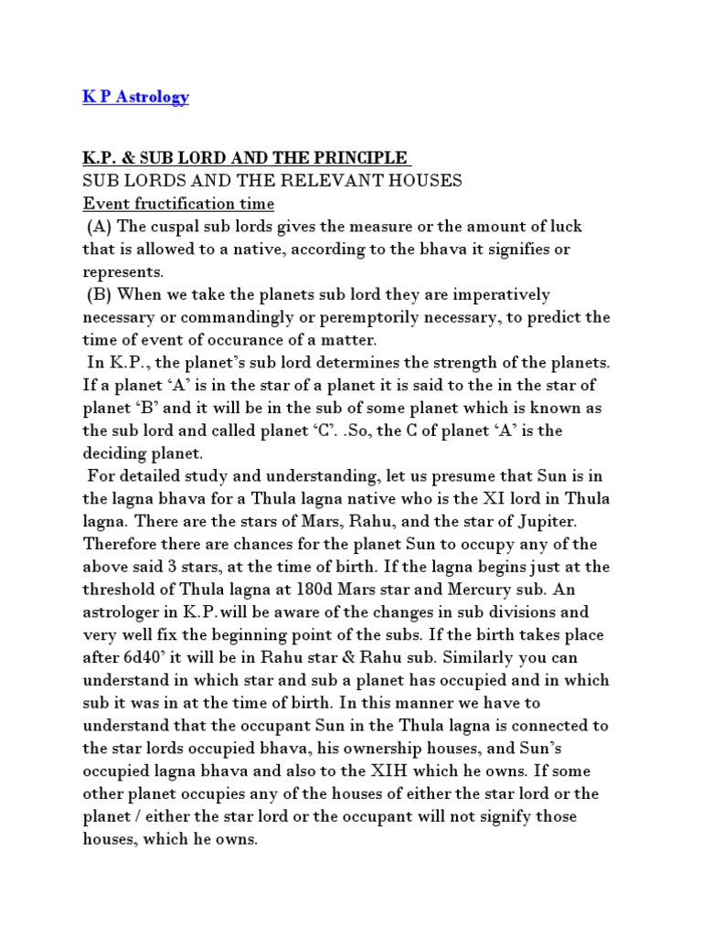 K P Astrology Notes On Sub Lord Theory | PDF | Planets In Astrology ...