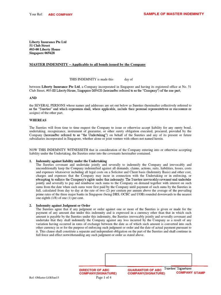 Liberty Loi Sample | PDF | Indemnity | Guarantee