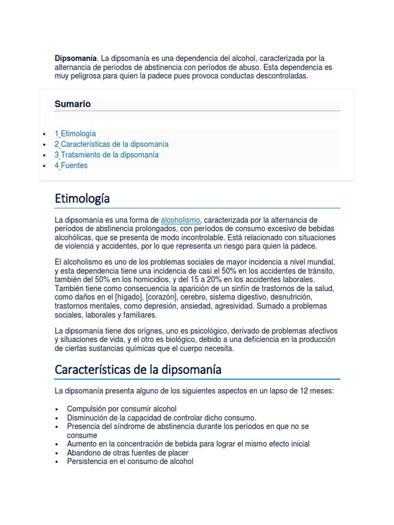 La Dipsomanía | PDF | Alcoholismo | La dependencia de sustancias