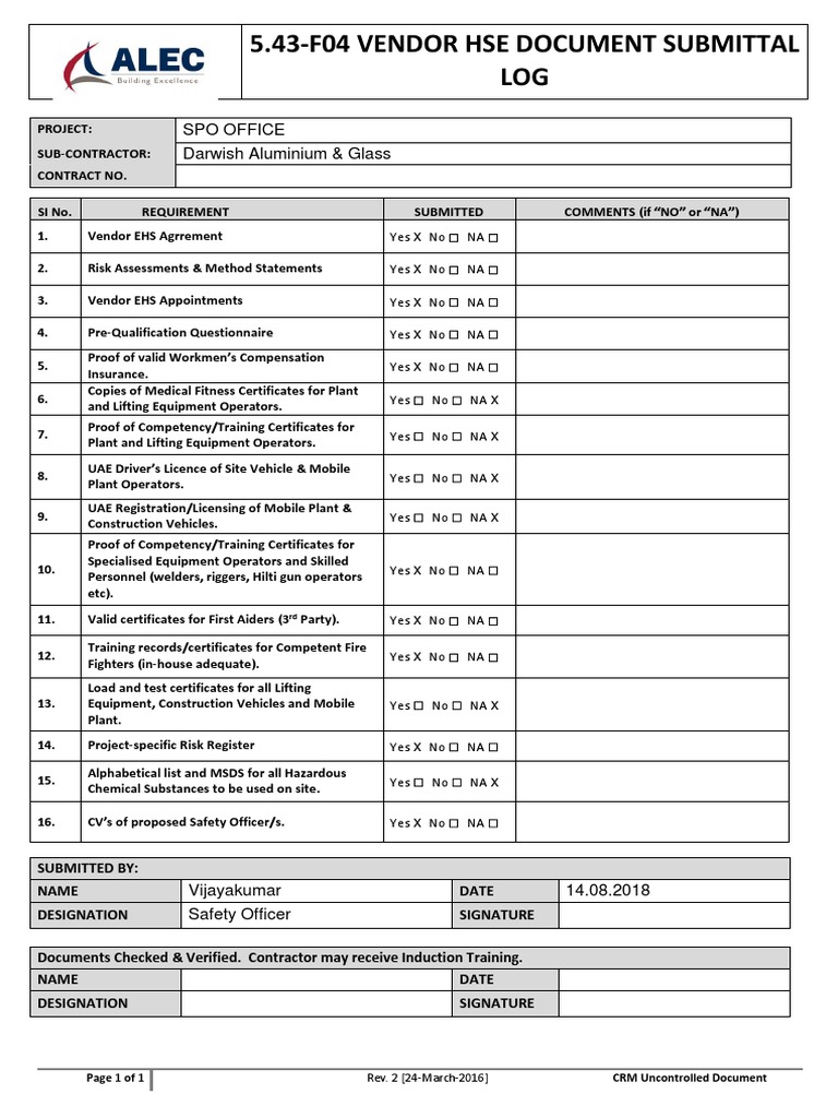 5.43-F04 Vendor EHS Document Submittal Log | PDF | Prevention | Safety