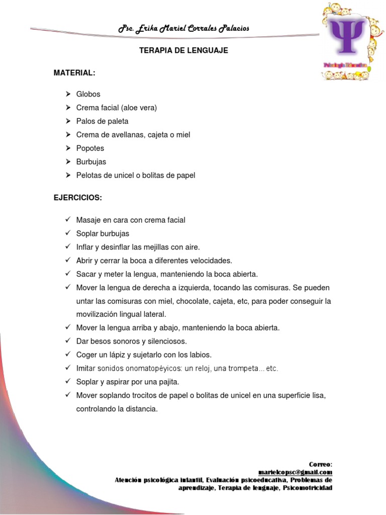Terapia de Lenguaje Ejercicios | PDF