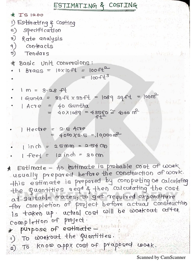 Estimating and Costing Handwritten Notes | PDF