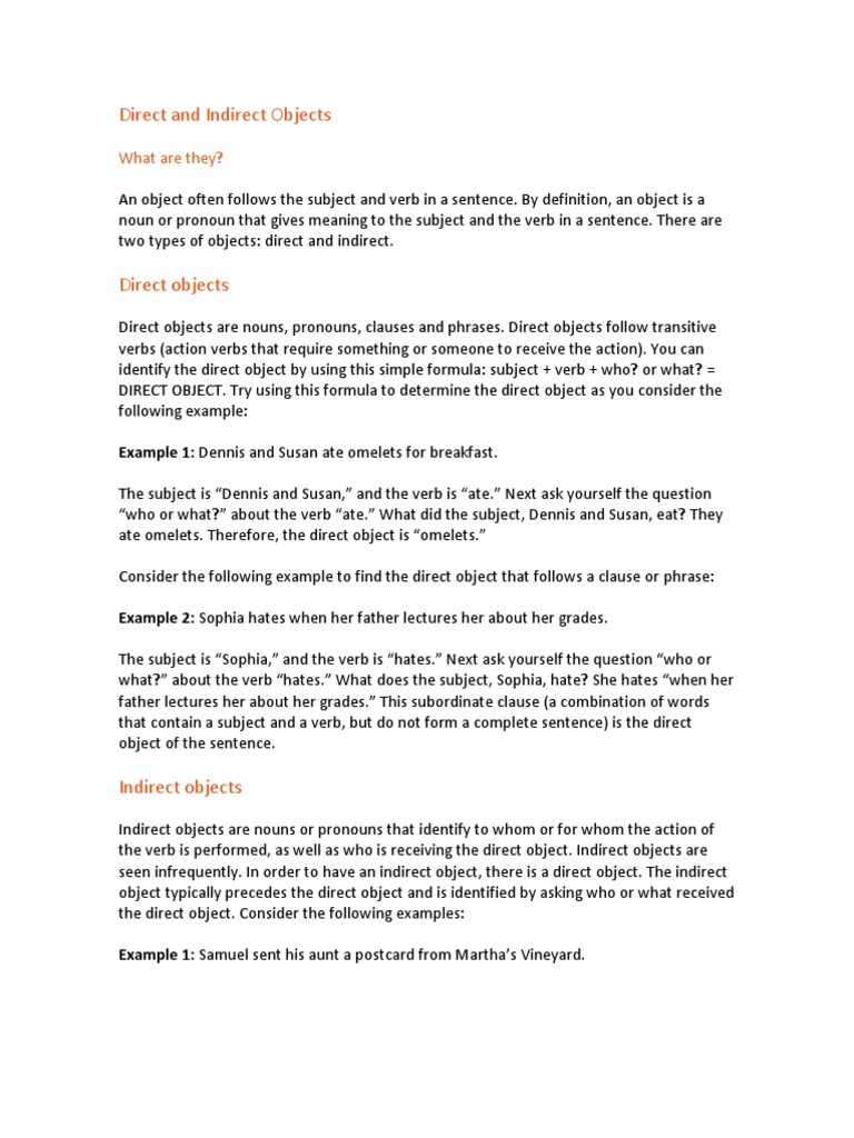 Grammar: Direct vs. Indirect Objects | PDF | Subject (Grammar) | Object ...