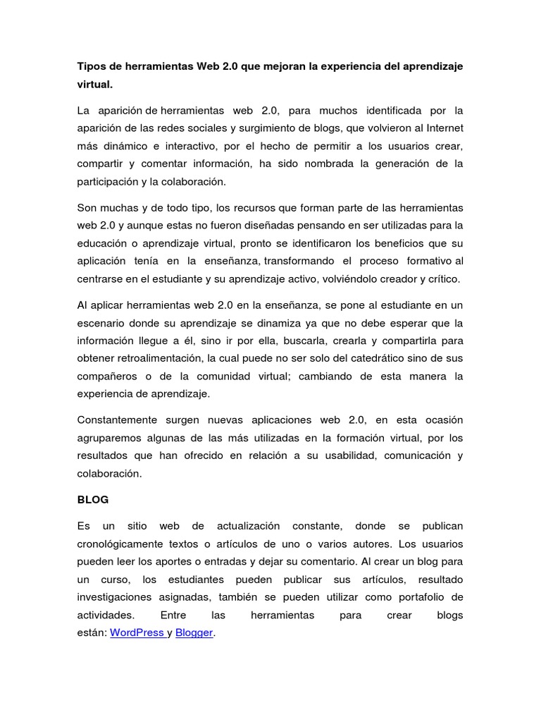 7 Tipos de Herramientas Web 2 | PDF | Blog | web 2.0