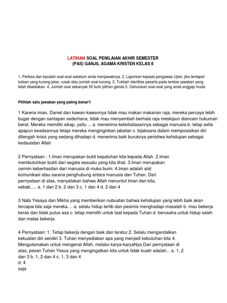 Soal PAS AGAMA KRISTEN Kelas 8 | PDF