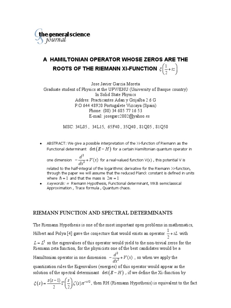The Xi Function Xi (1/2+is) Evaluated As A Functional Determinant of A Differential Operator ...