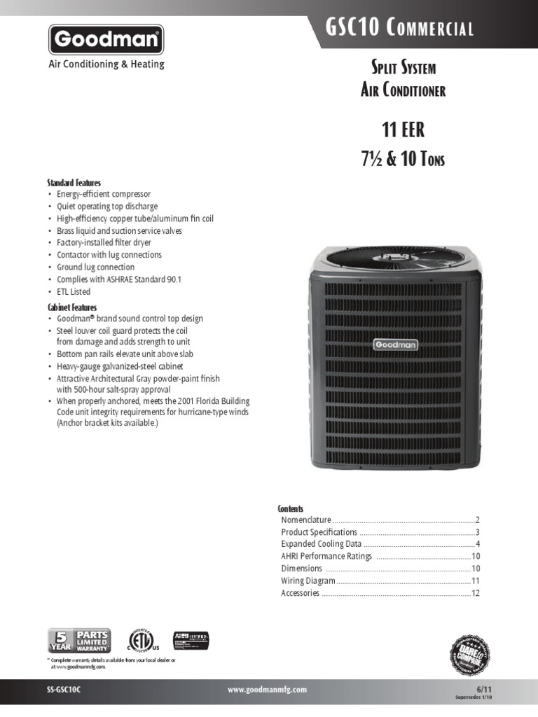 Goodman Gsc10120 CU Specs | PDF | Air Conditioning | Temperature