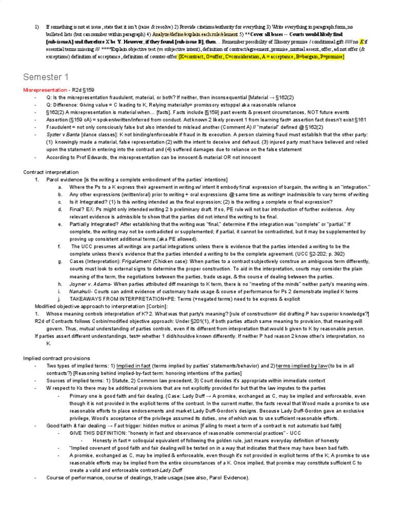 1L Contracts Outline (2 Semesters) | PDF | Contractual Term | Damages