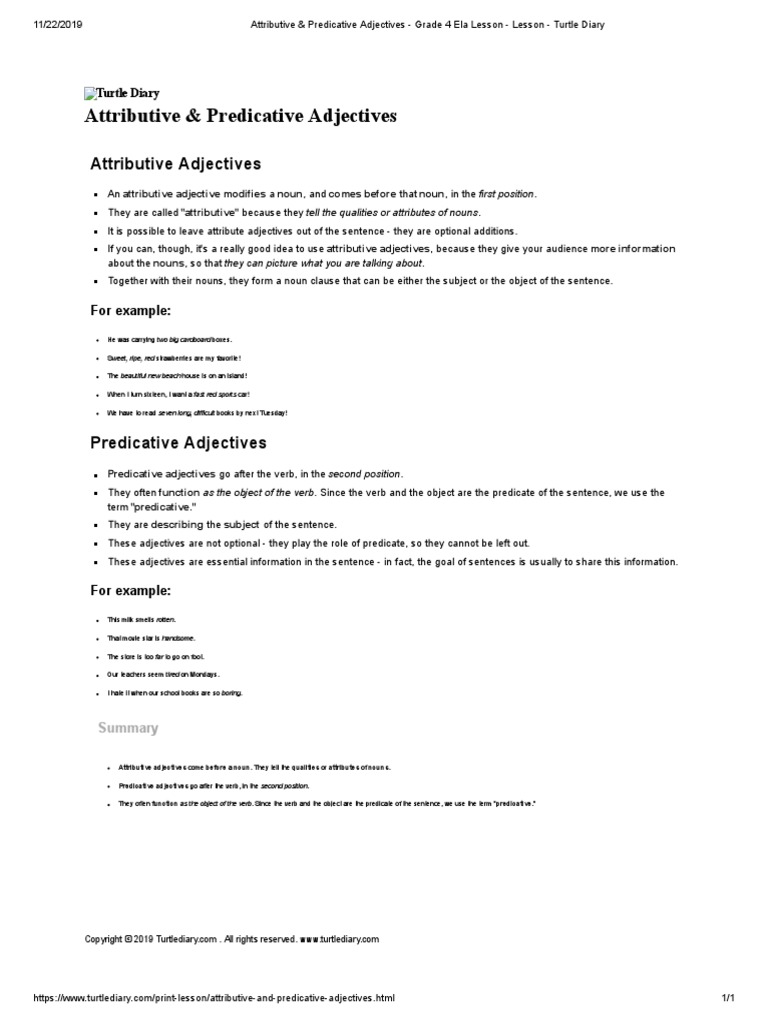 Attributive & Predicative Adjectives - Grade 4 Ela Lesson - Lesson ...