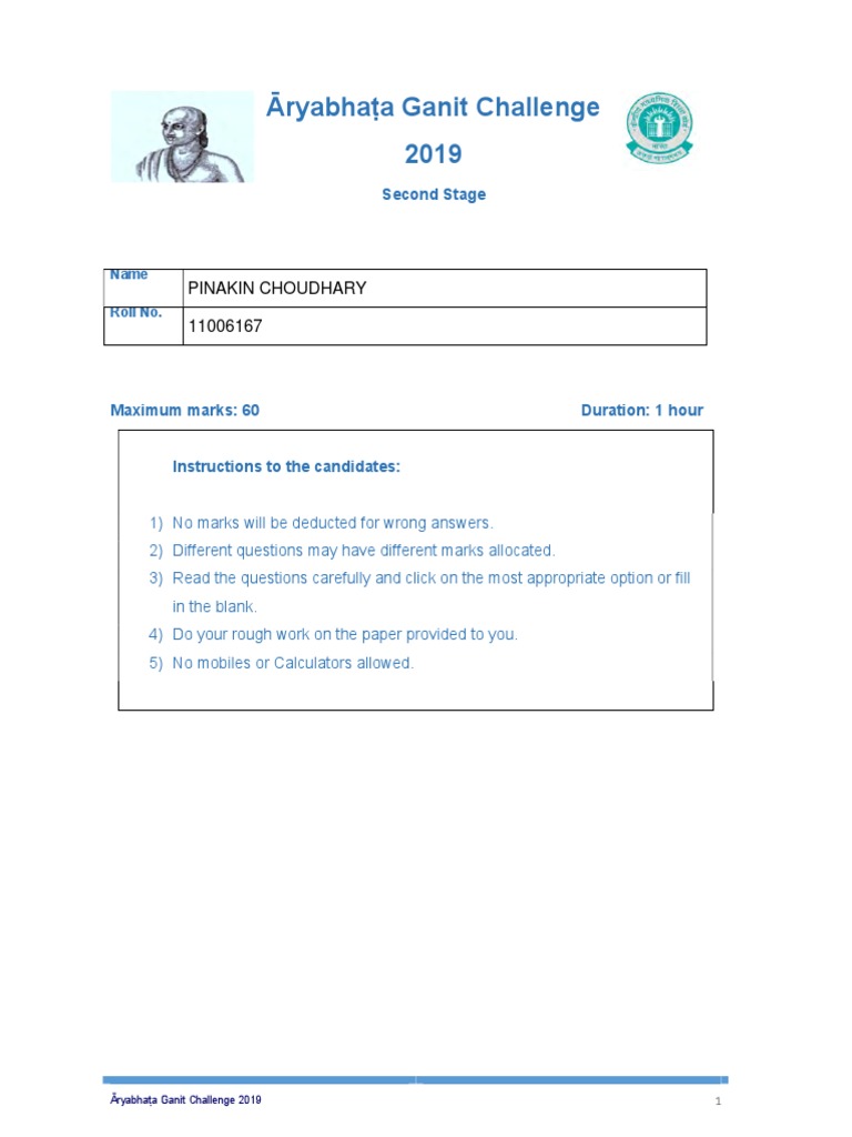 Aryabhatta Ganit Challenge Paper 2019 | PDF | Fahrenheit | Geometry