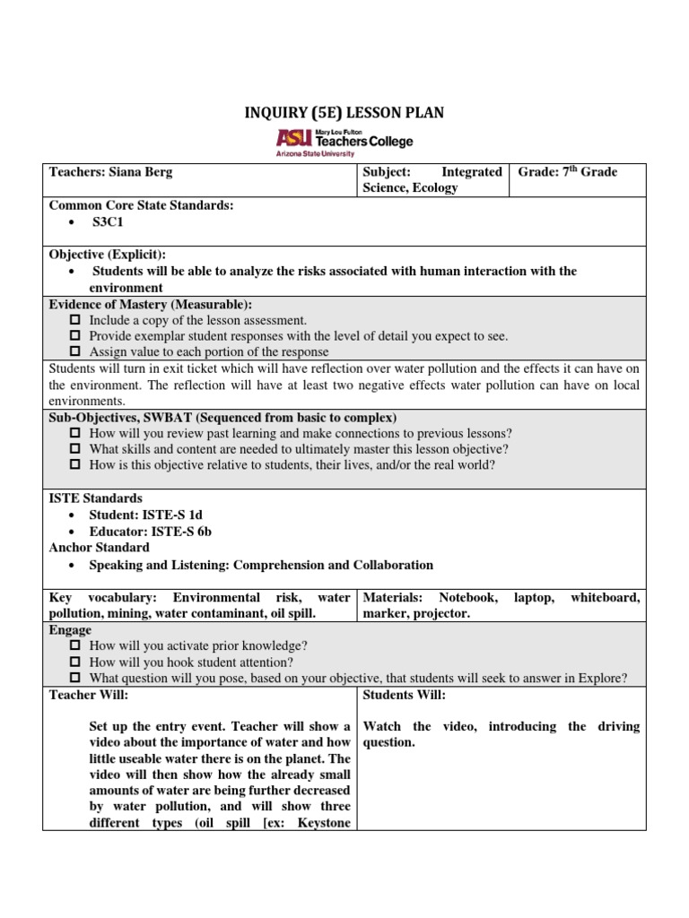 Inquiry 5e Lesson Plan Template | PDF | Question | Teachers